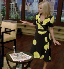 Kelly Ripa's Black and Yellow Floral Wrap Dress | Big Blonde Hair
