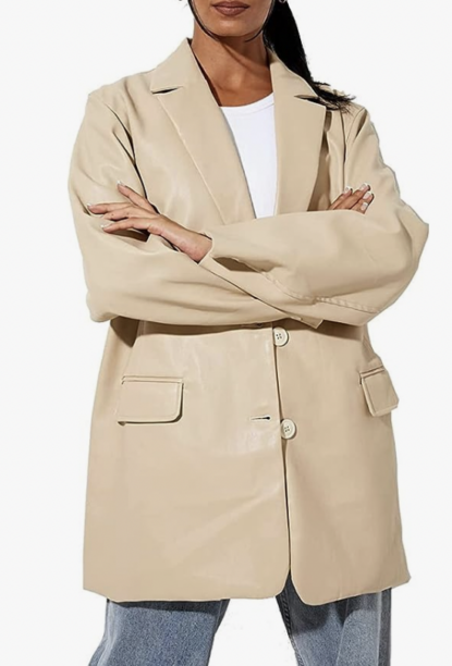 Kandi Burruss' Beige Leather Blazer and Joggers Suit