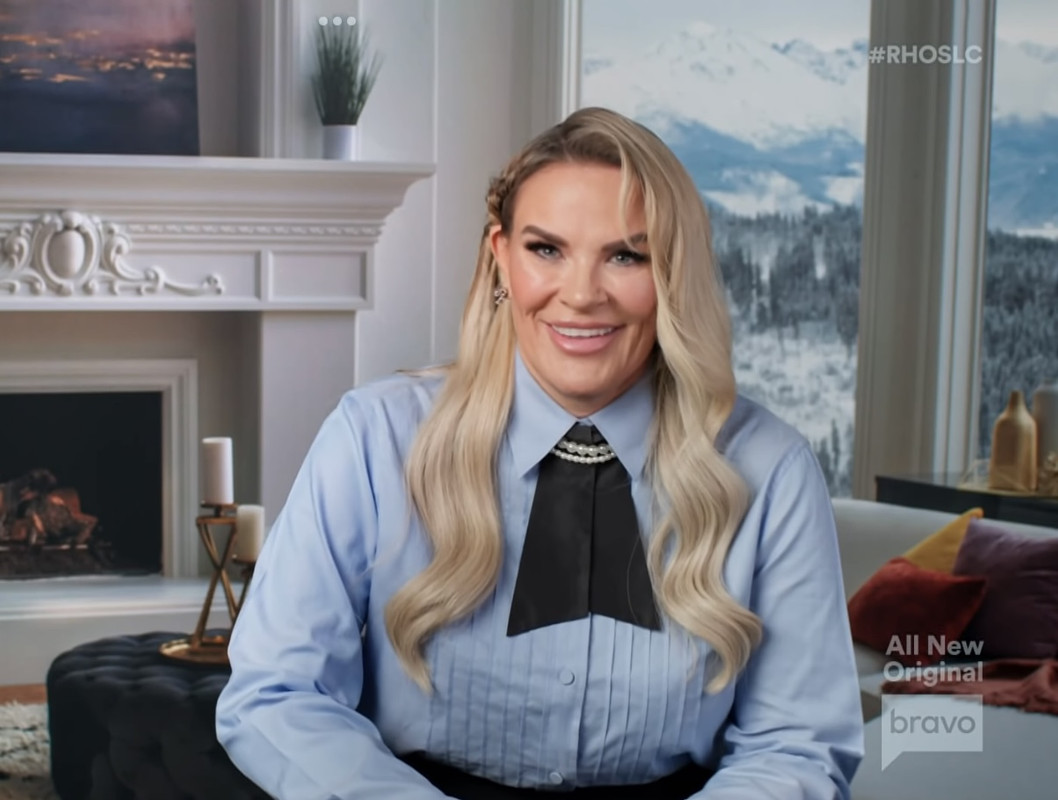 Heather Gay's Light Blue Tie Neck Confessional Look